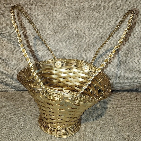 Vintage | Other | Vintage Oval Gold Colored Metal Woven Basket Double ...